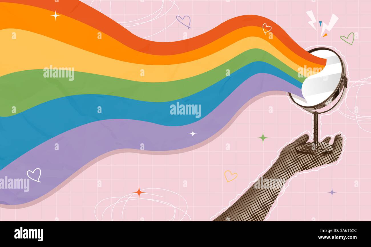 Symbolic hand holding a mirror reflecting rainbow colors, vector ...