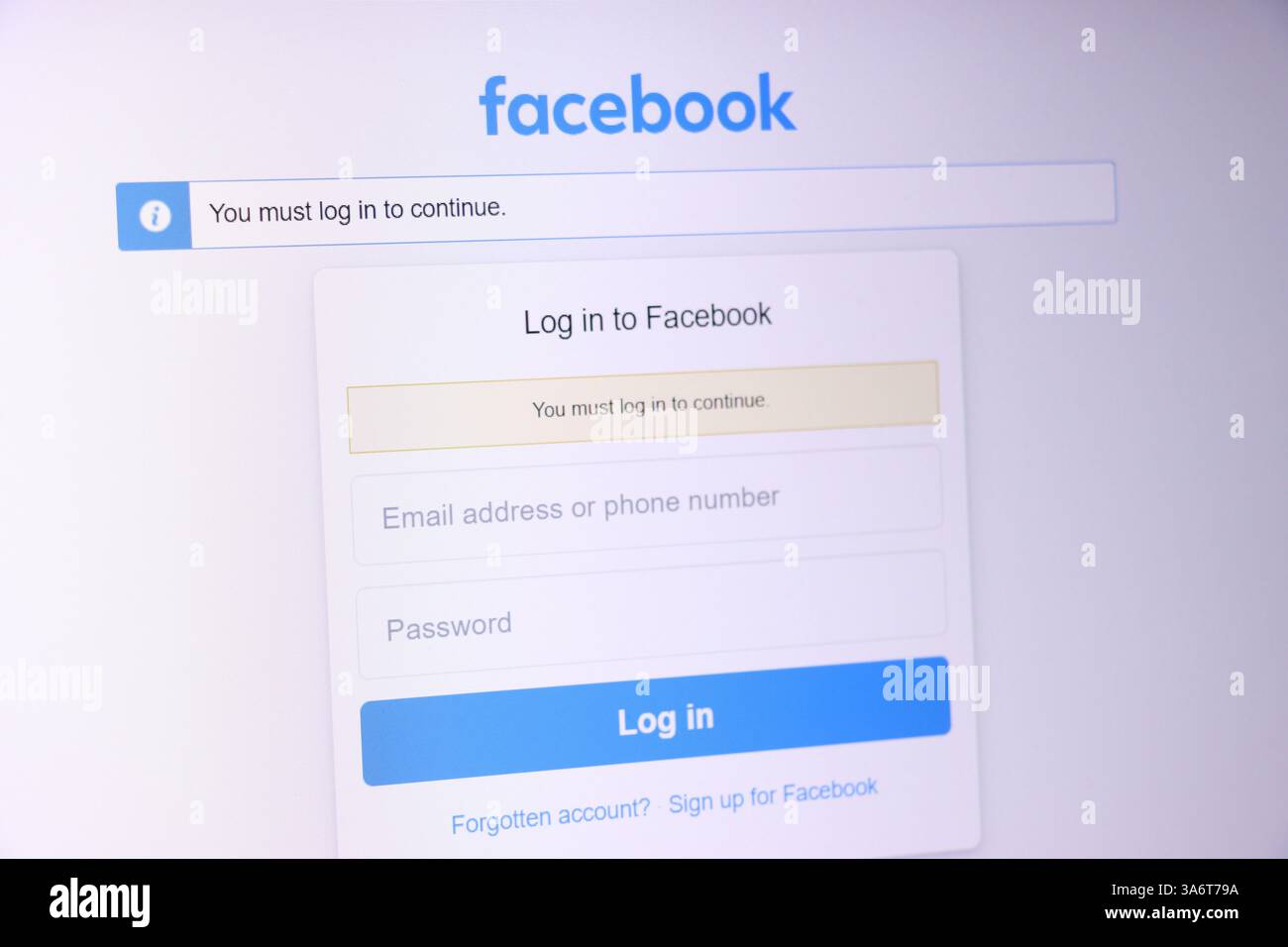 Facebook login page with email and password fields displayed on screen ...
