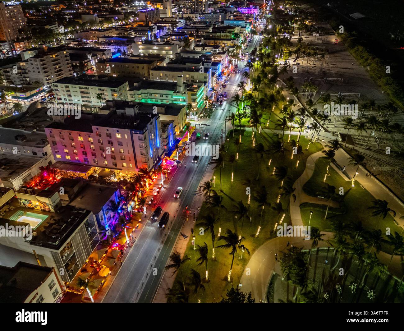 Miami skyline with ocean view. Sunset over South Florida beaches. Drone ...
