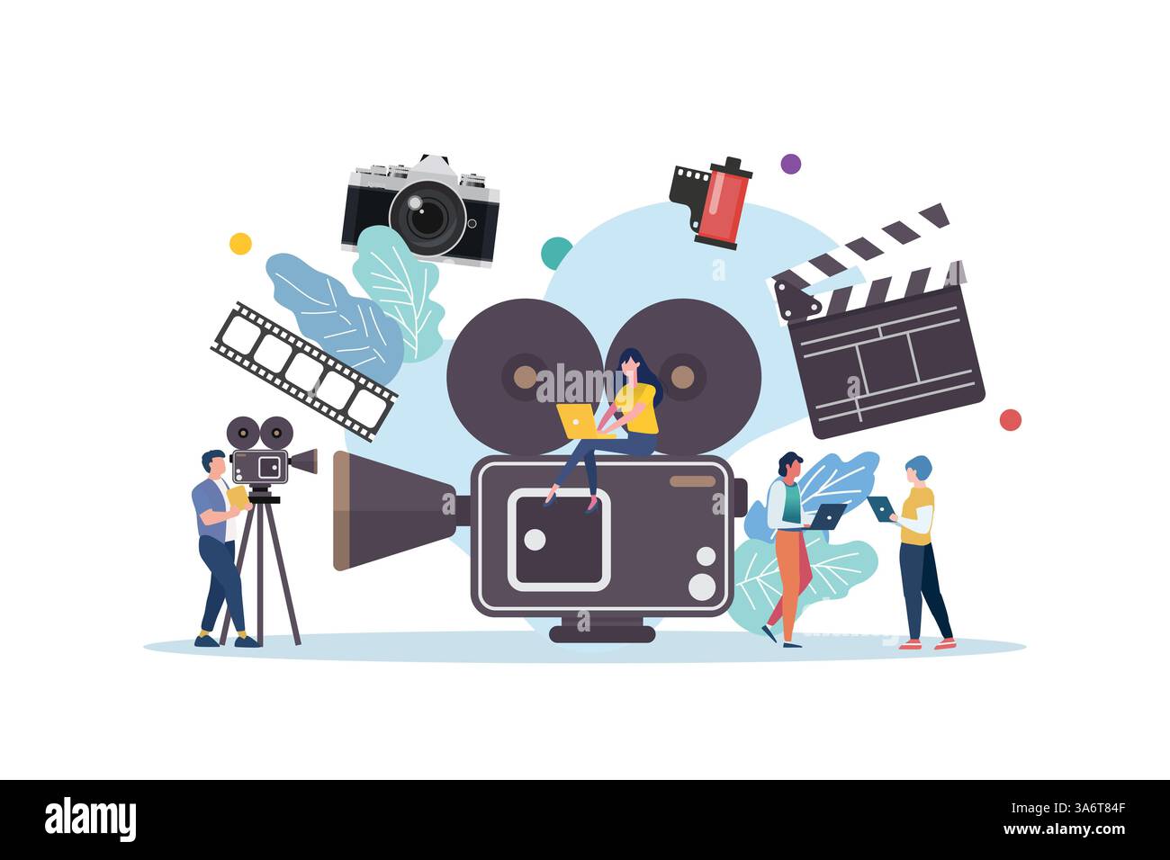 Film and media class with miniature people. School education vector ...