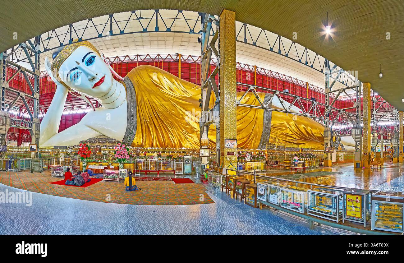 YANGON, MYANMAR - FEBRUARY 27, 2018: Panorama of the prayer hall of ...