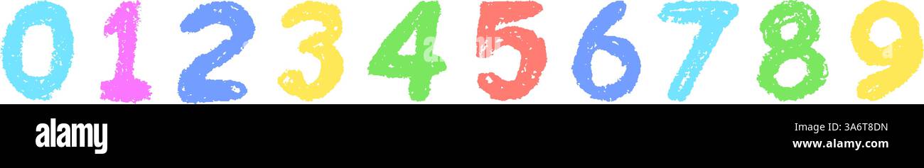 Colorful numbers 0-9, hand-drawn in a wax crayon or pastel style ...