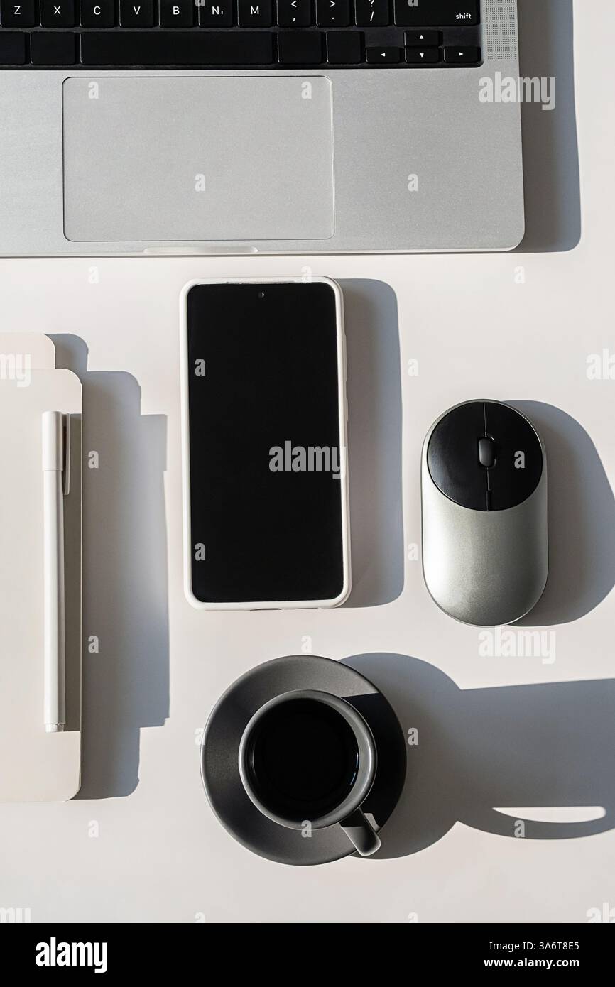 Modern Home Office Top View. Laptop, Smartphone, Mouse and Coffee Cup ...