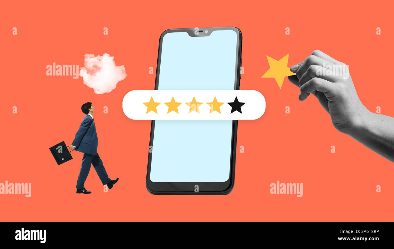 Man walking with phone review. Brand interaction driven by mobile ...