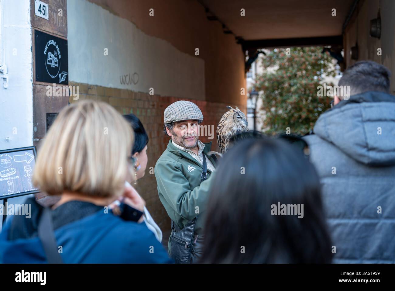 Street performer holds a majestic owl while engaging a curious group of ...