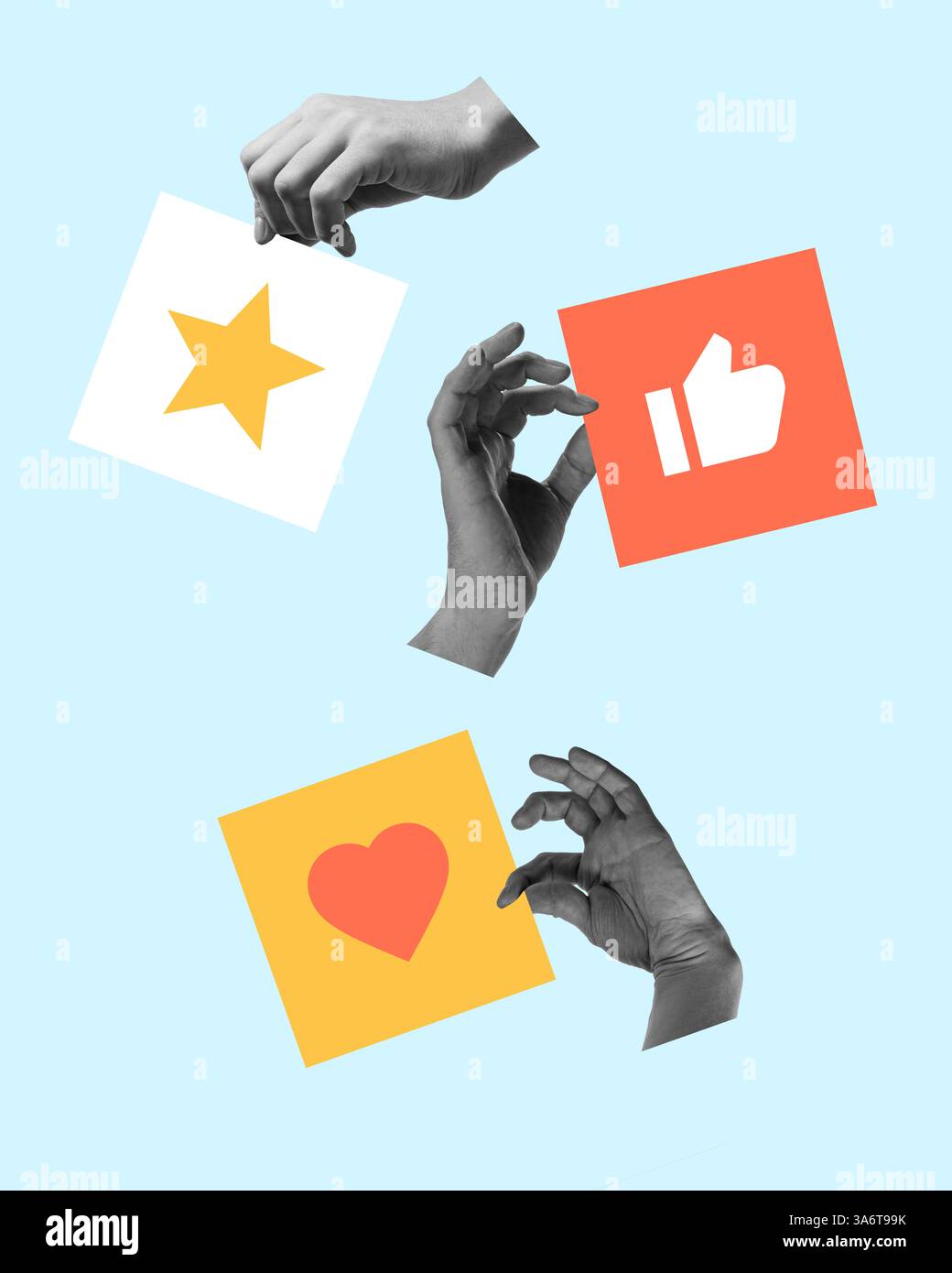 Hands holding feedback icons. Diverse customer reactions through ...
