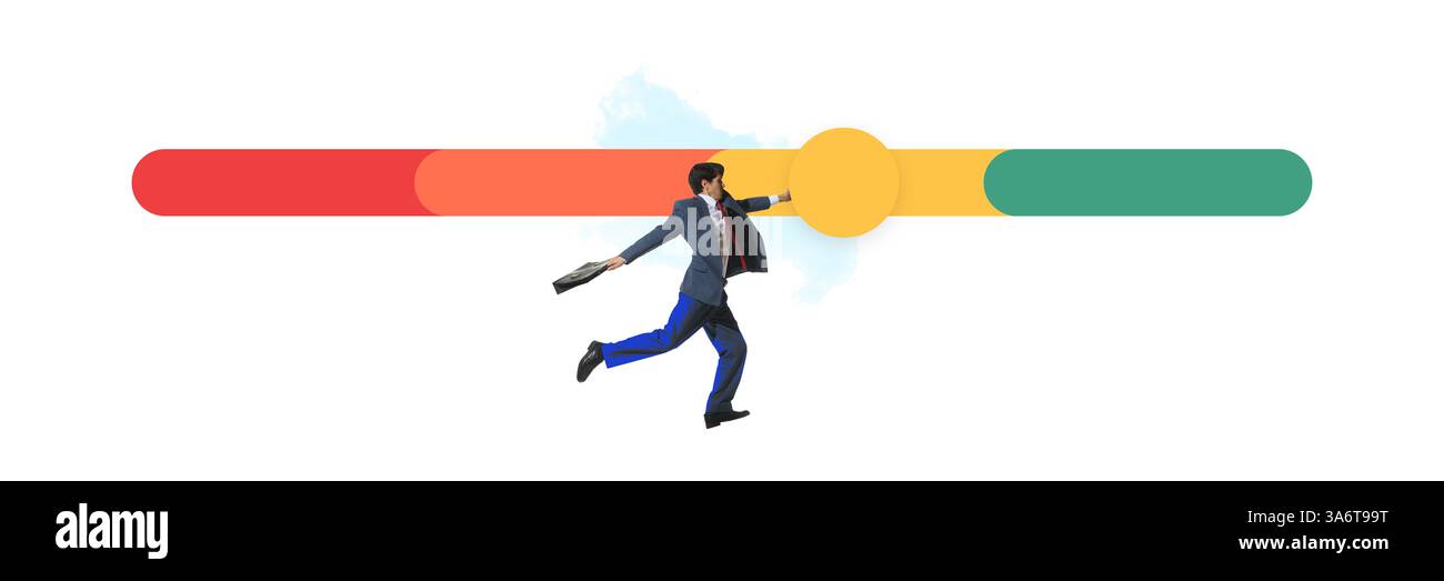 Man running through scale bar. Satisfaction scale driven by client ...