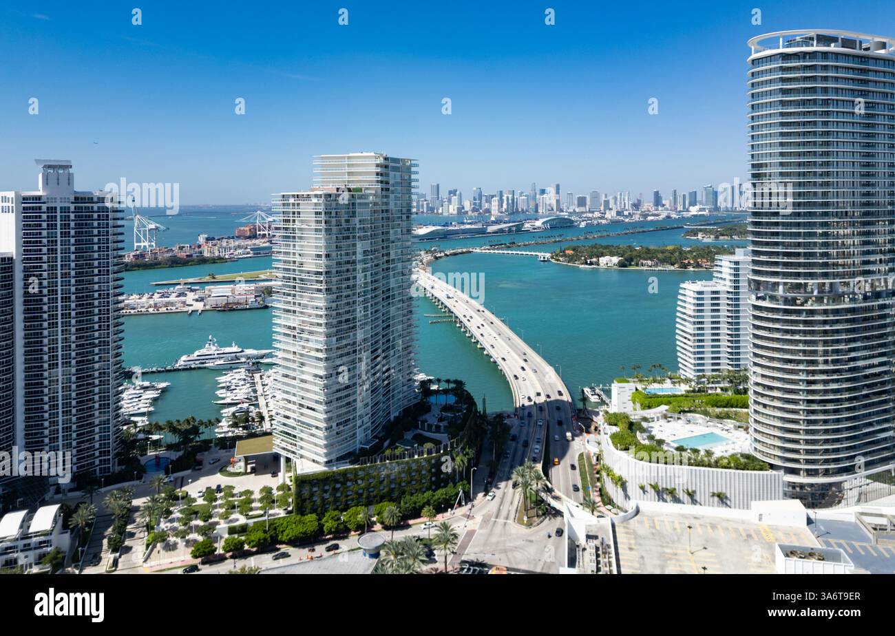 Miami Beach on blue sky. Skyline aerial view. Miami city. Tropical ...