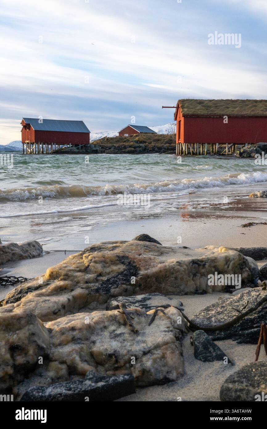 three beautiful, colorful houses on shore of North Atlantic. wooden ...