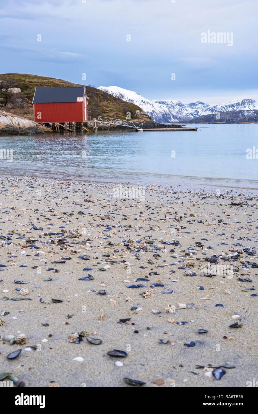 three beautiful, colorful houses on shore of North Atlantic. wooden ...