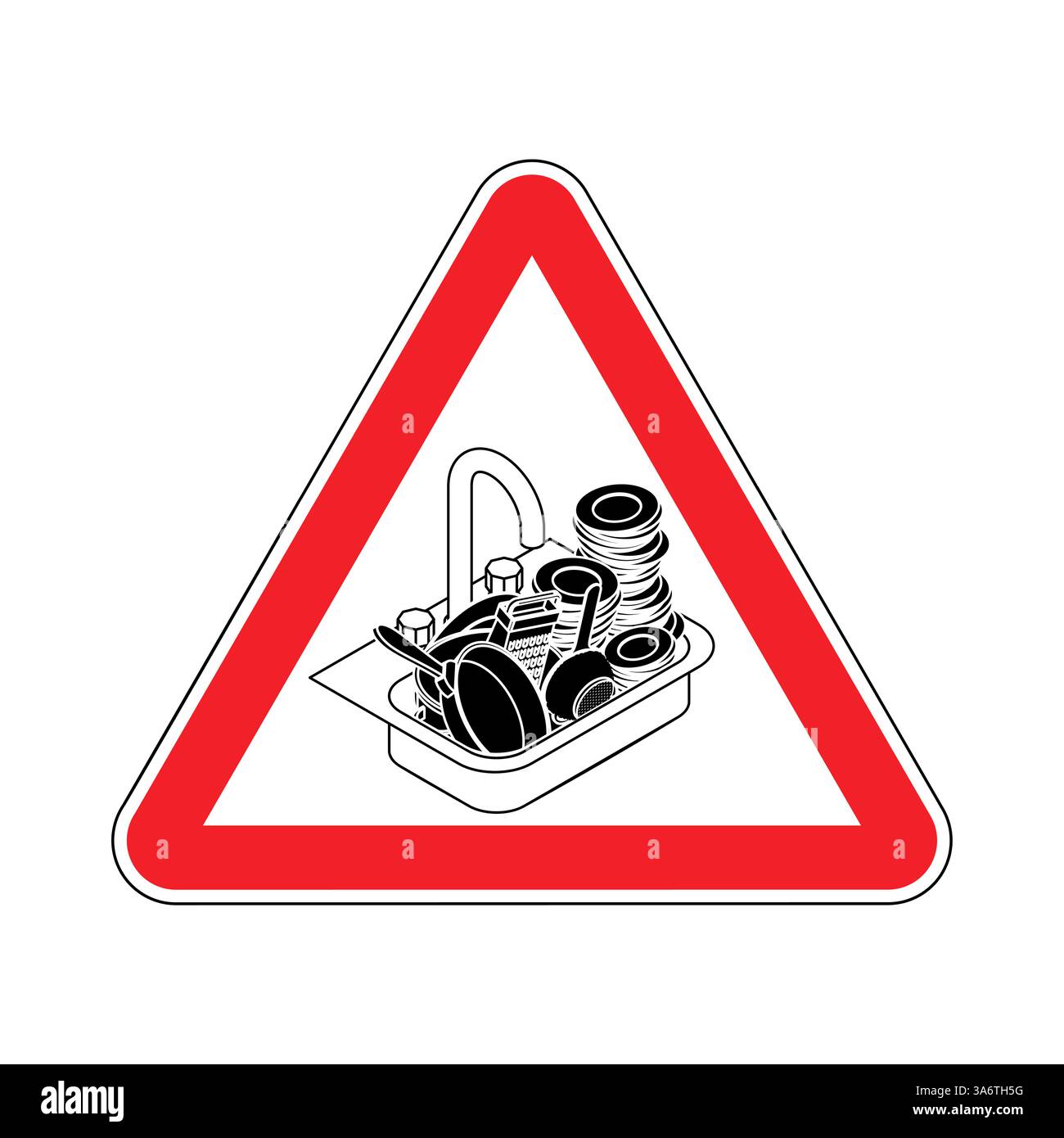 Attention Dirty Dishes! Warning A mountain of dirty plates and pots in ...