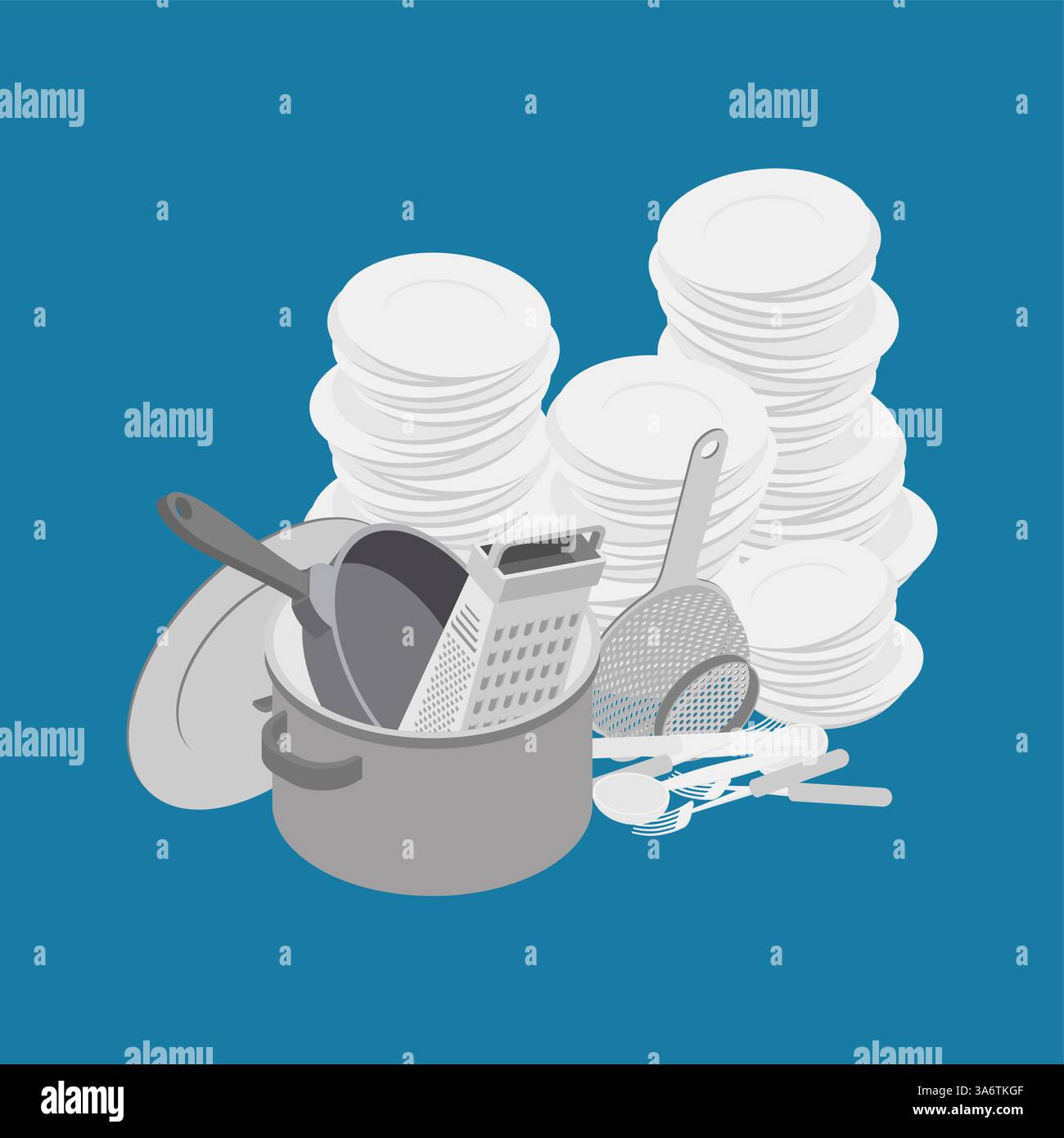 Dirty dishes. Mountain of dirty plates and pots Stock Vector Image ...