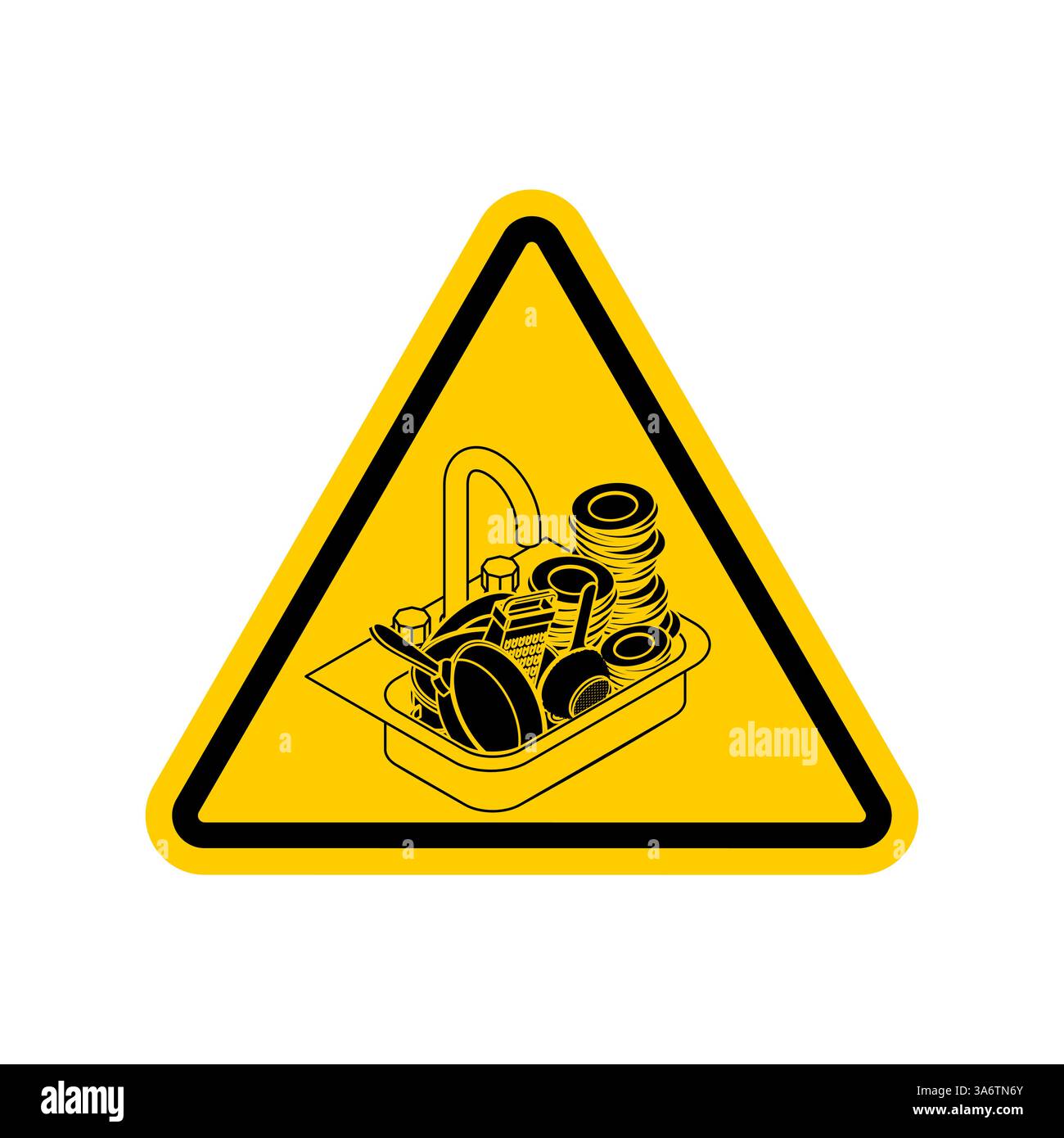 Attention Dirty Dishes! Warning A mountain of dirty plates and pots in ...