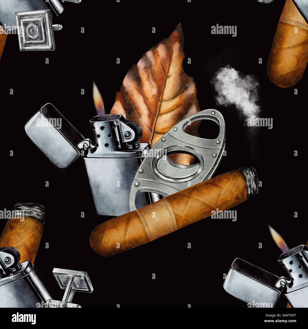 Elegant seamless watercolor pattern featuring cigars, a burning lighter ...
