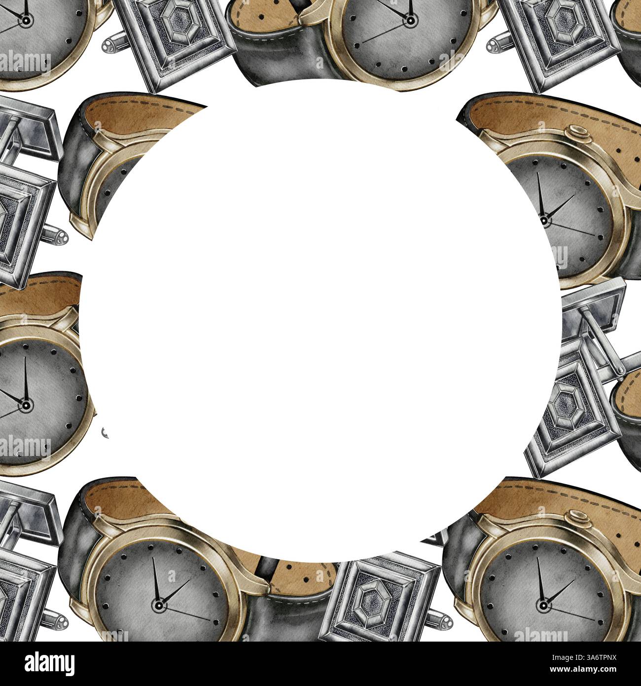 Watercolor round frame with watches and cufflinks, empty center for ...