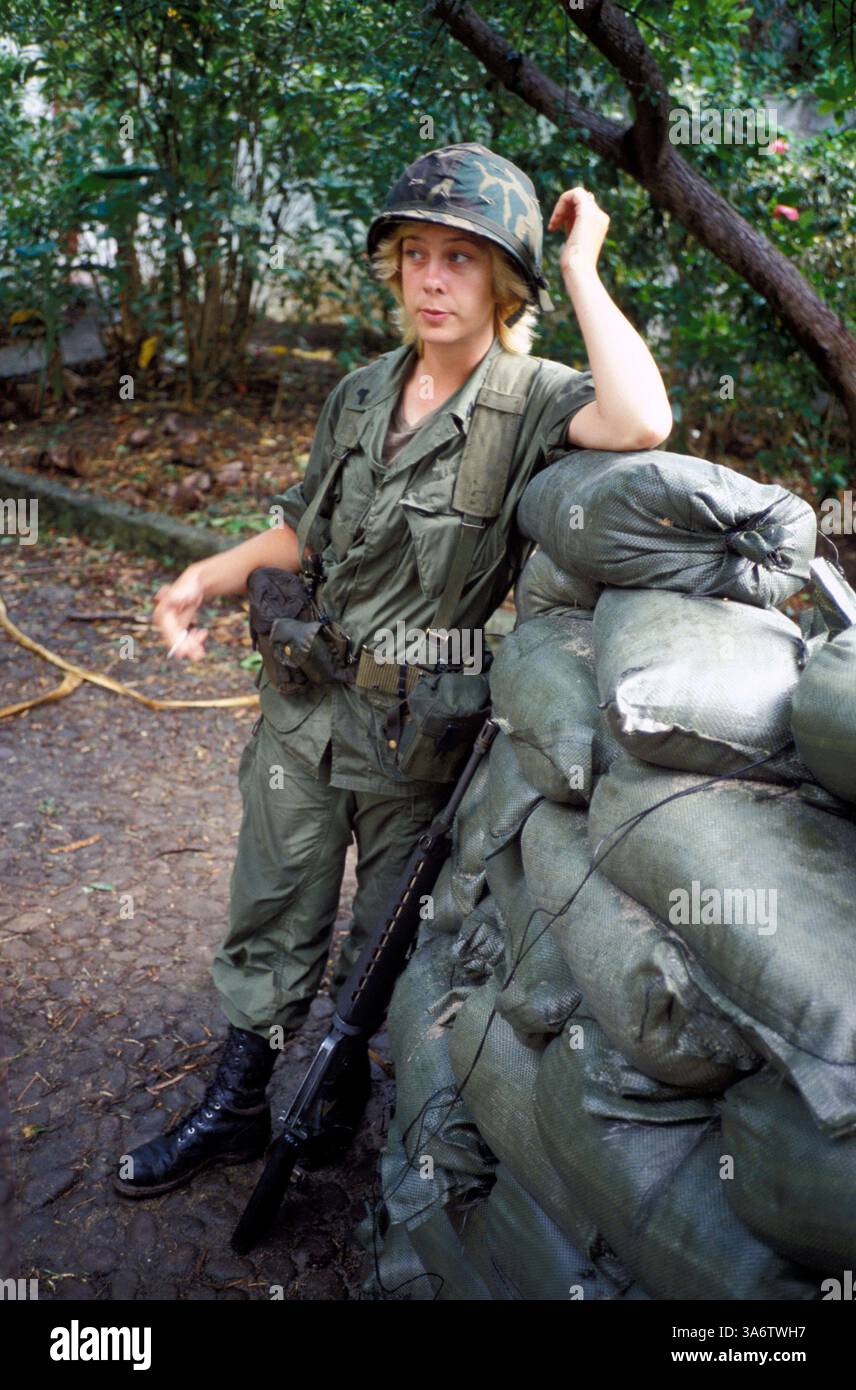 Nov 05, 1983; St. George's, GRENADA; A female soldier pictured in ...