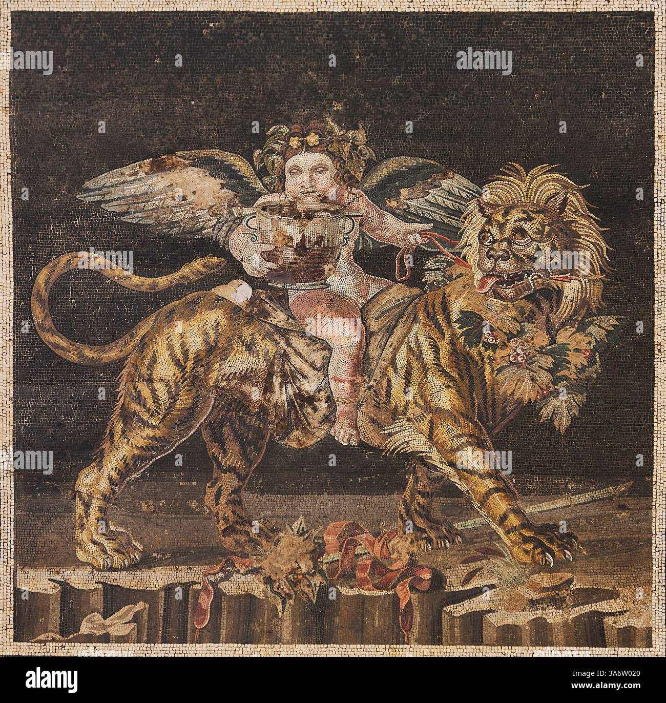 Roman mosaic showing young Dionysus drinking and riding a tiger. 2nd ...