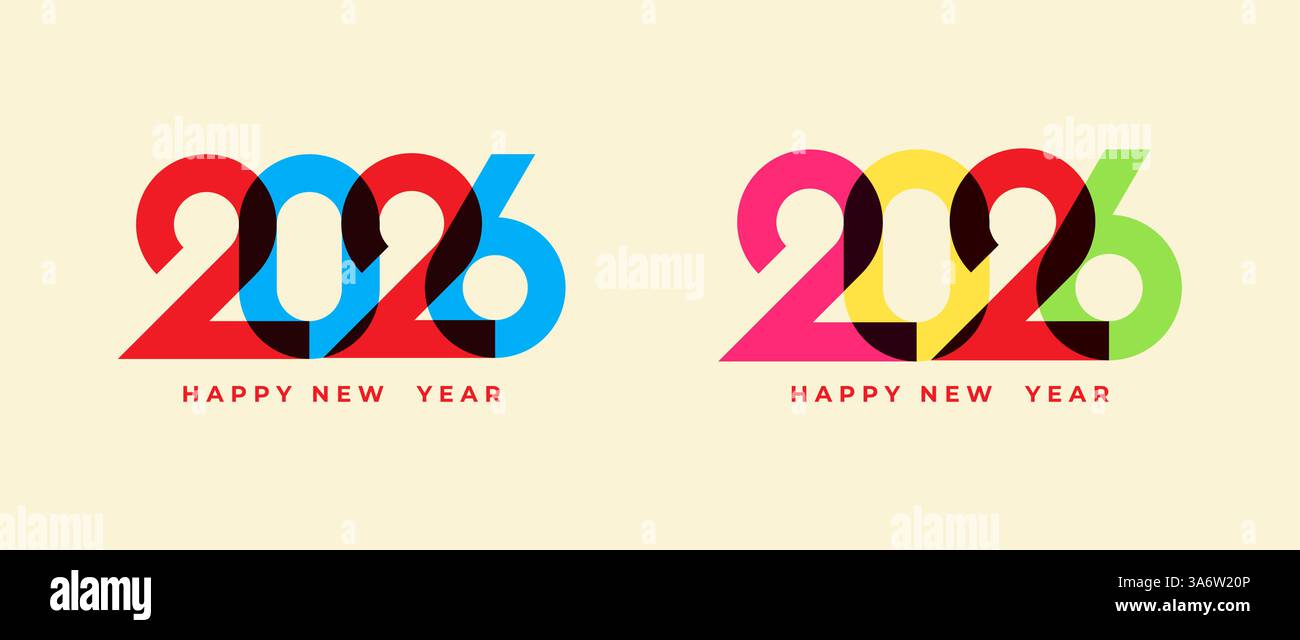 Happy New Year 2026 minimalist overlapping style with bright colourful, celebration, greeting ...