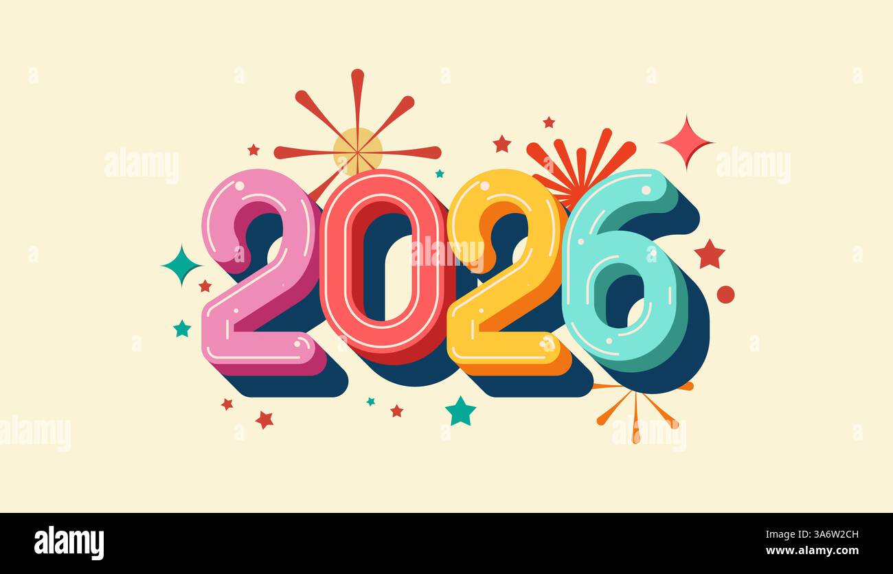 Happy New Year 2026 3d doodle colourful with fireworks, celebration ...