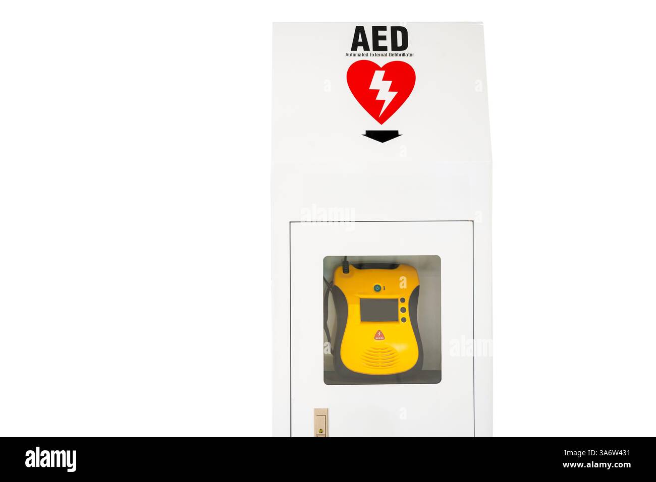General view of a life saving defibrillator. Portable automated ...