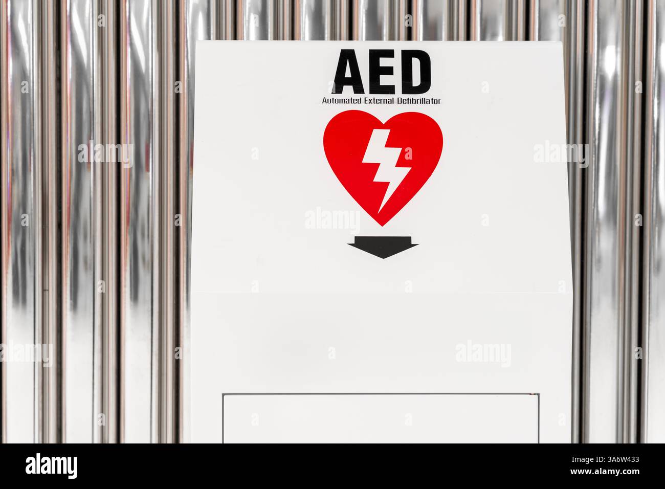 General view of a life saving defibrillator. Portable automated ...
