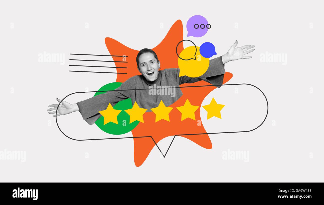 Excited woman with 5-star rating and speech bubbles. Customer joy and ...