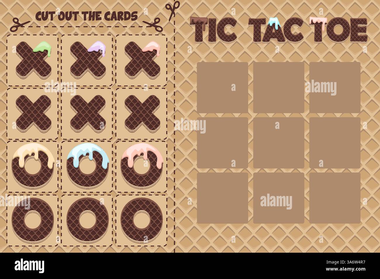 Board game TIC TAC TOE in Waffles themed . Vector cartoon strategy game ...
