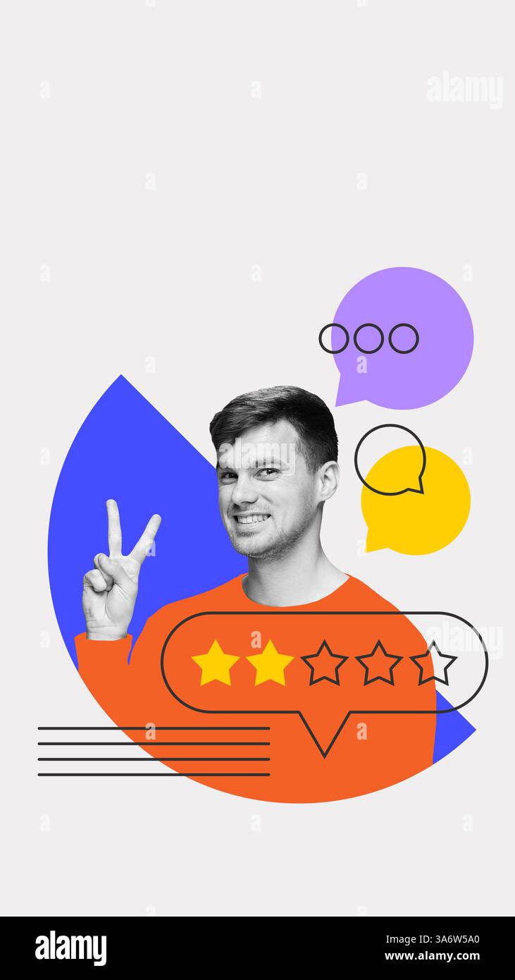 Mixed reaction. Conceptual image of young man showing peace sign and ...
