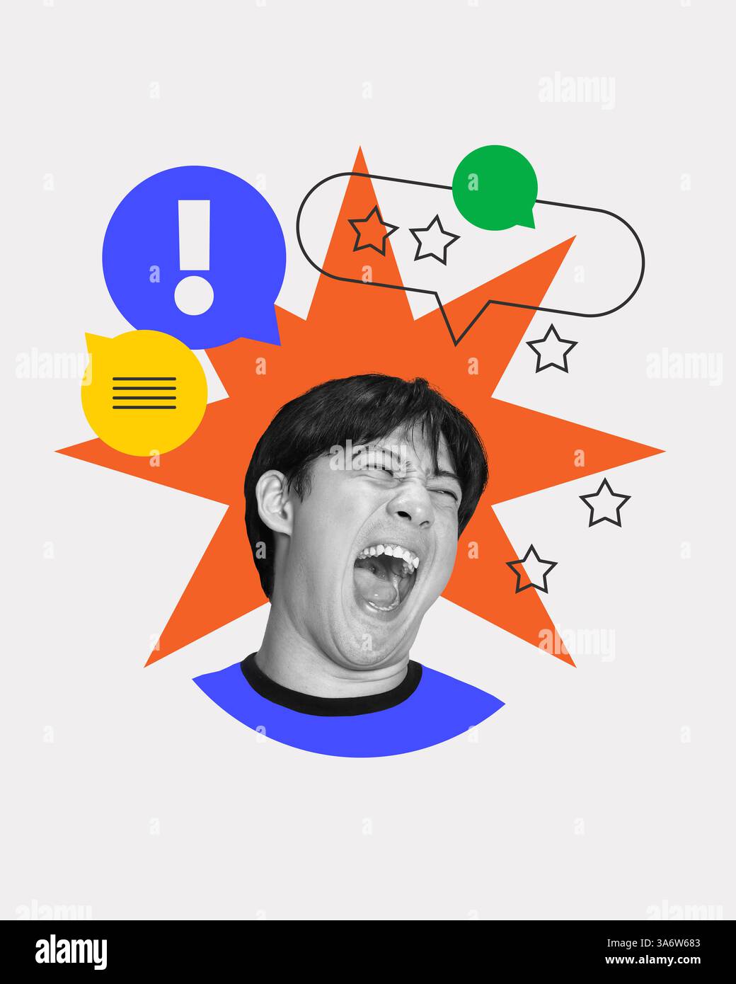 Emotional feedback. Shouting man with chaotic visual elements showing ...