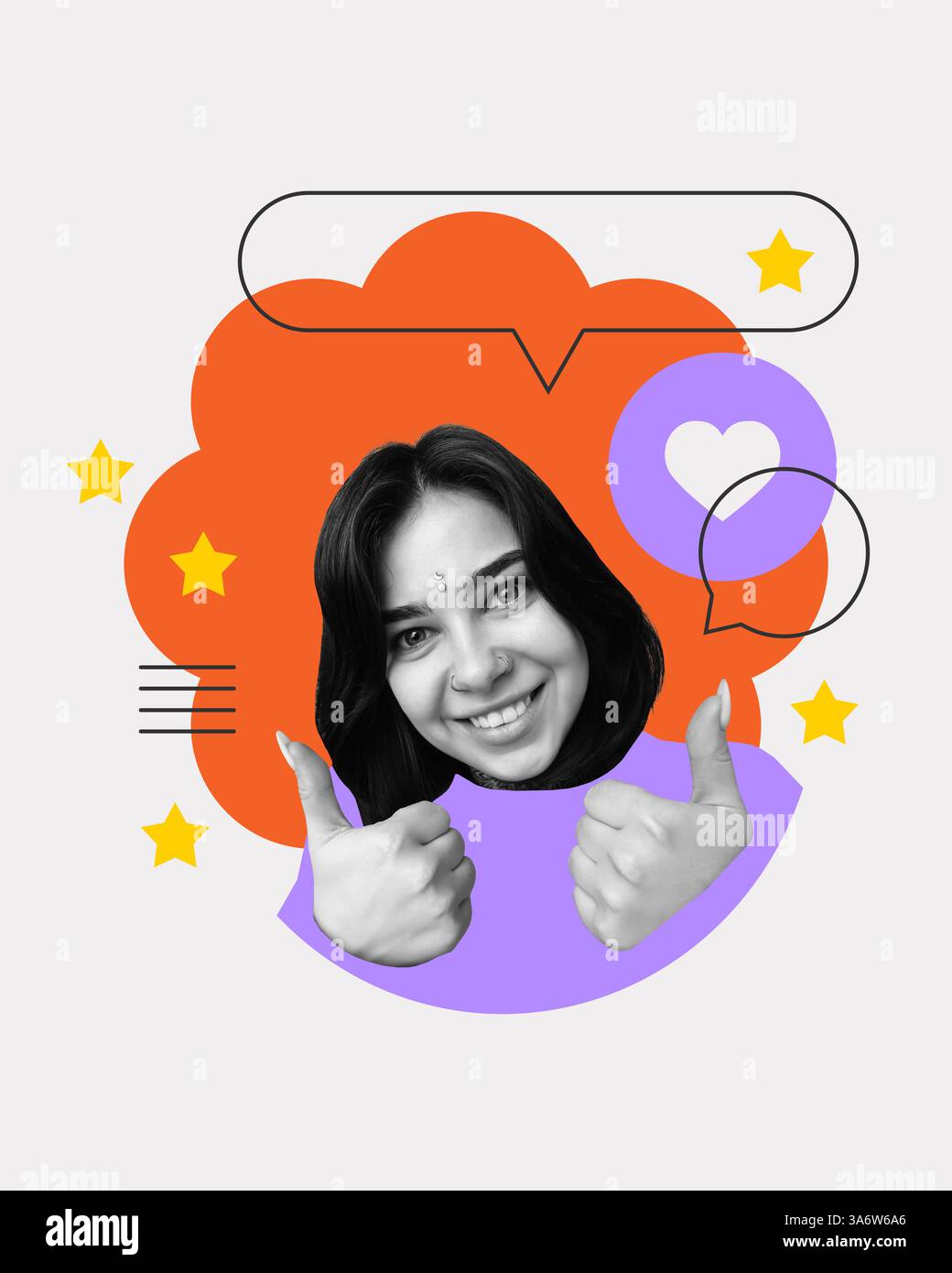 Thumbs up vibe. Smiling woman giving double approval surrounded by ...