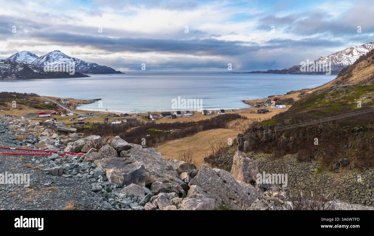 Panorama, single house on beach of North Atlantic. colored boathouse ...