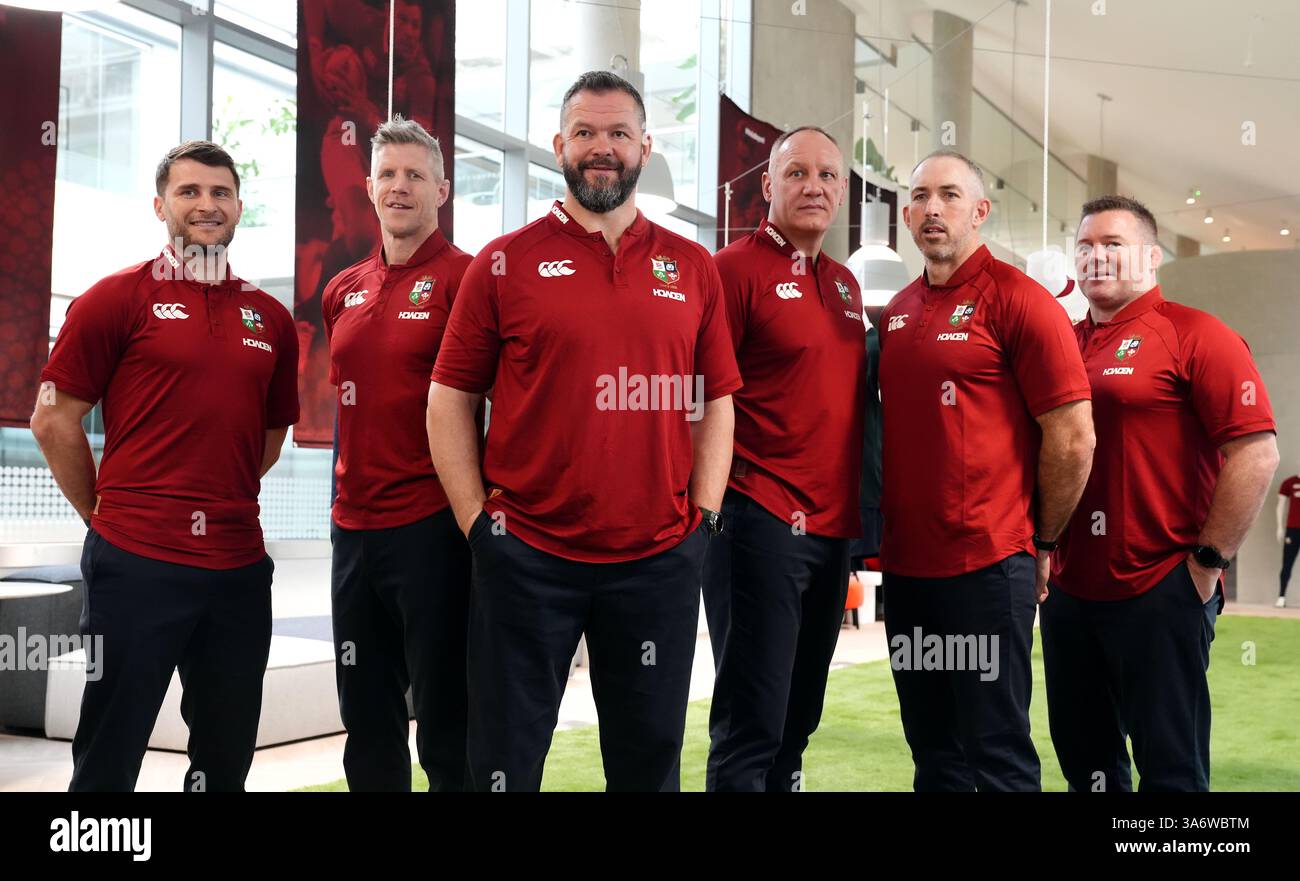 British and Irish Lions head coach Andy Farrell (third left) poses with his assistants Richard ...