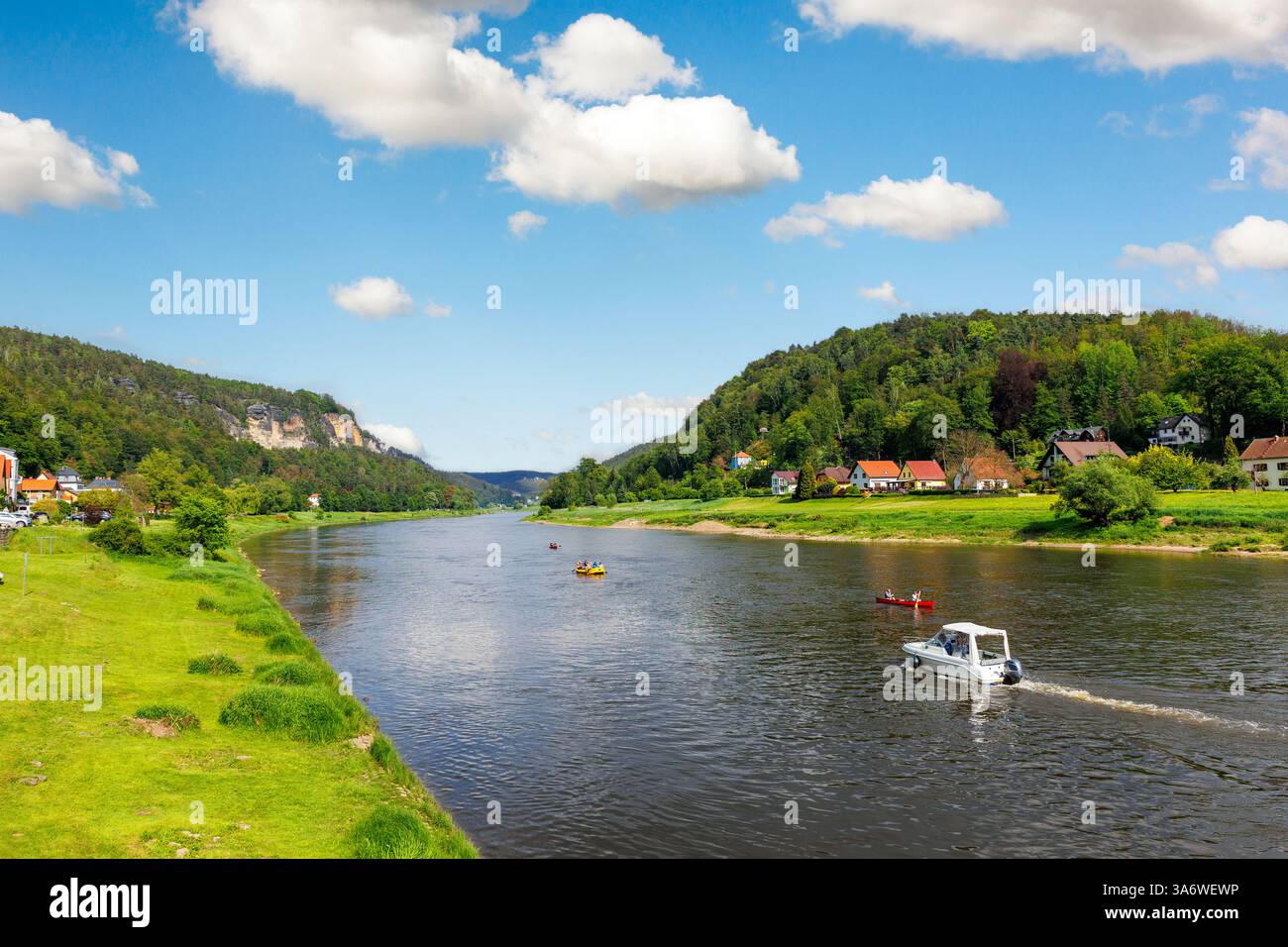 Panoramic scenic view rental boat cruising Elbe river curve Sachsische ...