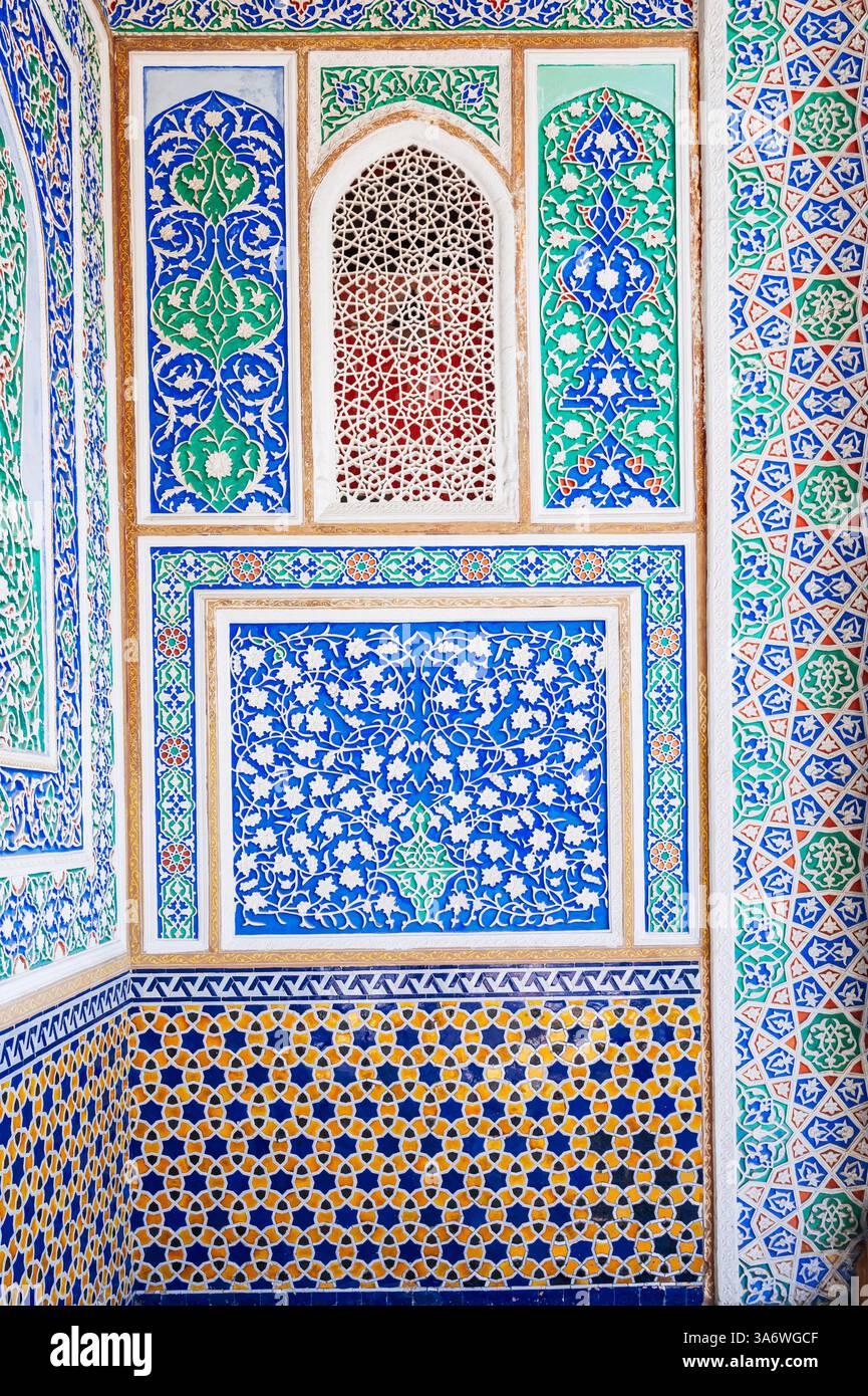 beautiful carved wooden painted wall in the Museum of Art of Uzbekistan ...