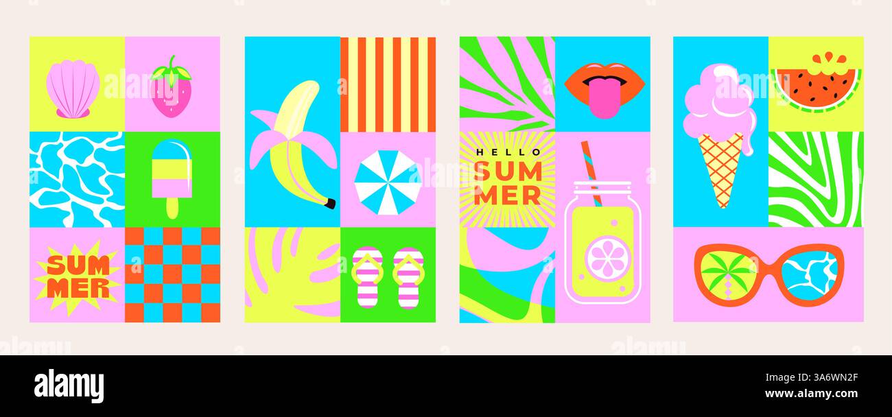 Set of summer bright posters in square tile style Stock Vector Image ...