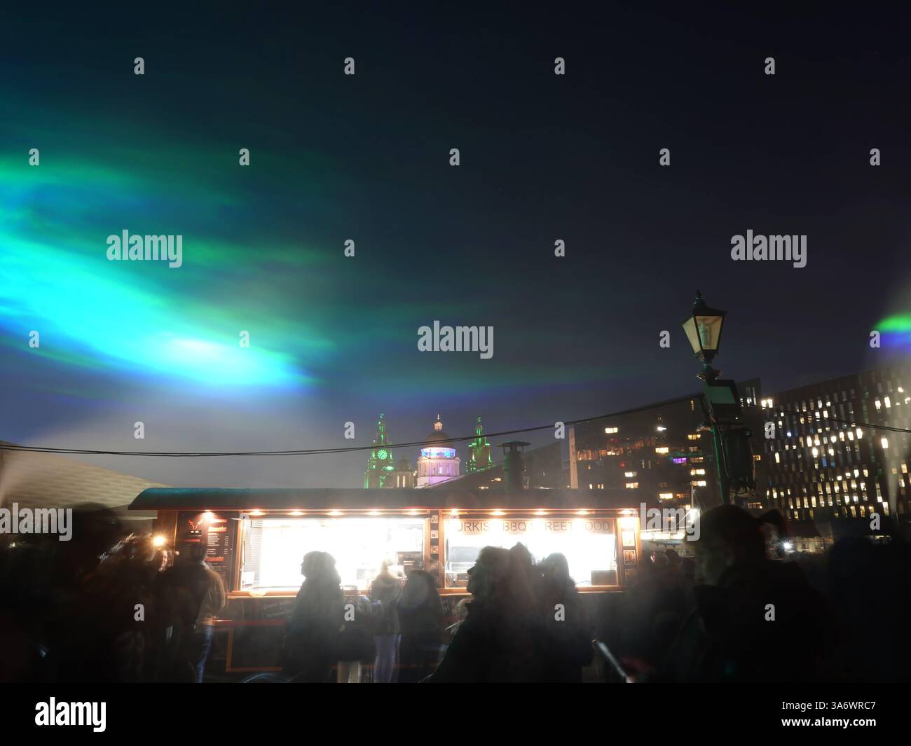 Simulated Aurora Borealis light show by artist Dan Acher at The Royal Albert Dock, Liverpool ...
