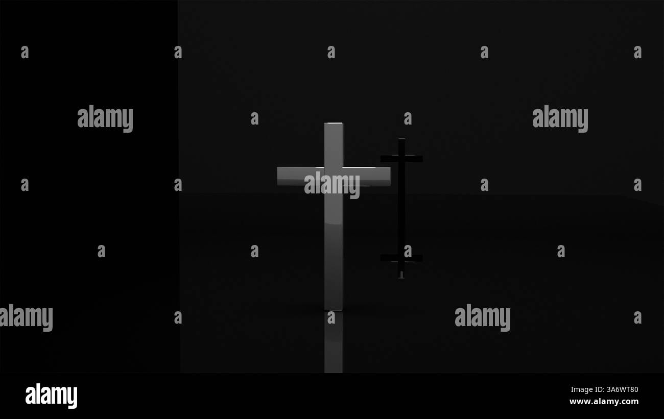 3D model of a cross on a black mirror background, faith and religion in ...