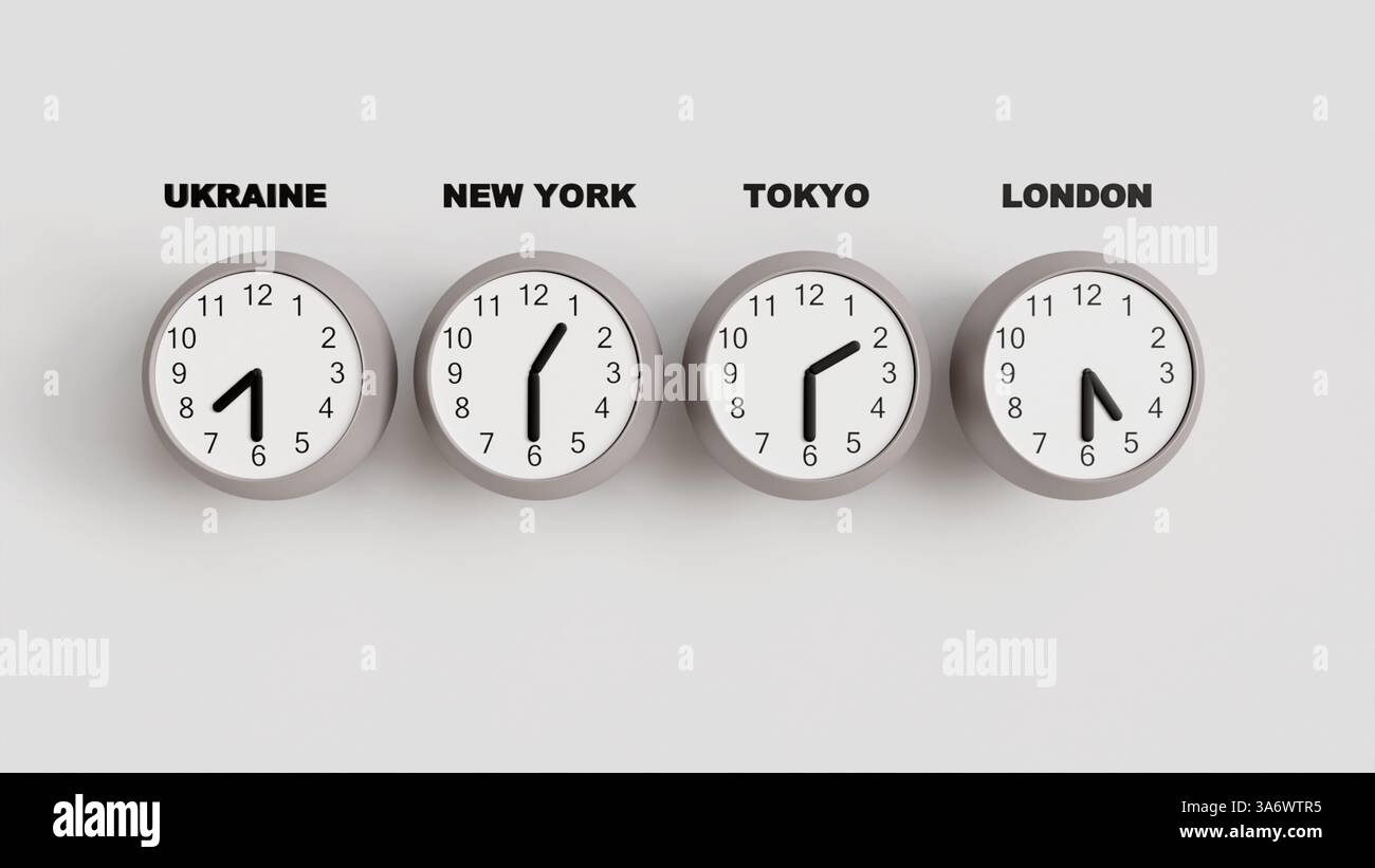 Four wall clocks with time around the world on a white wall, clocks ...