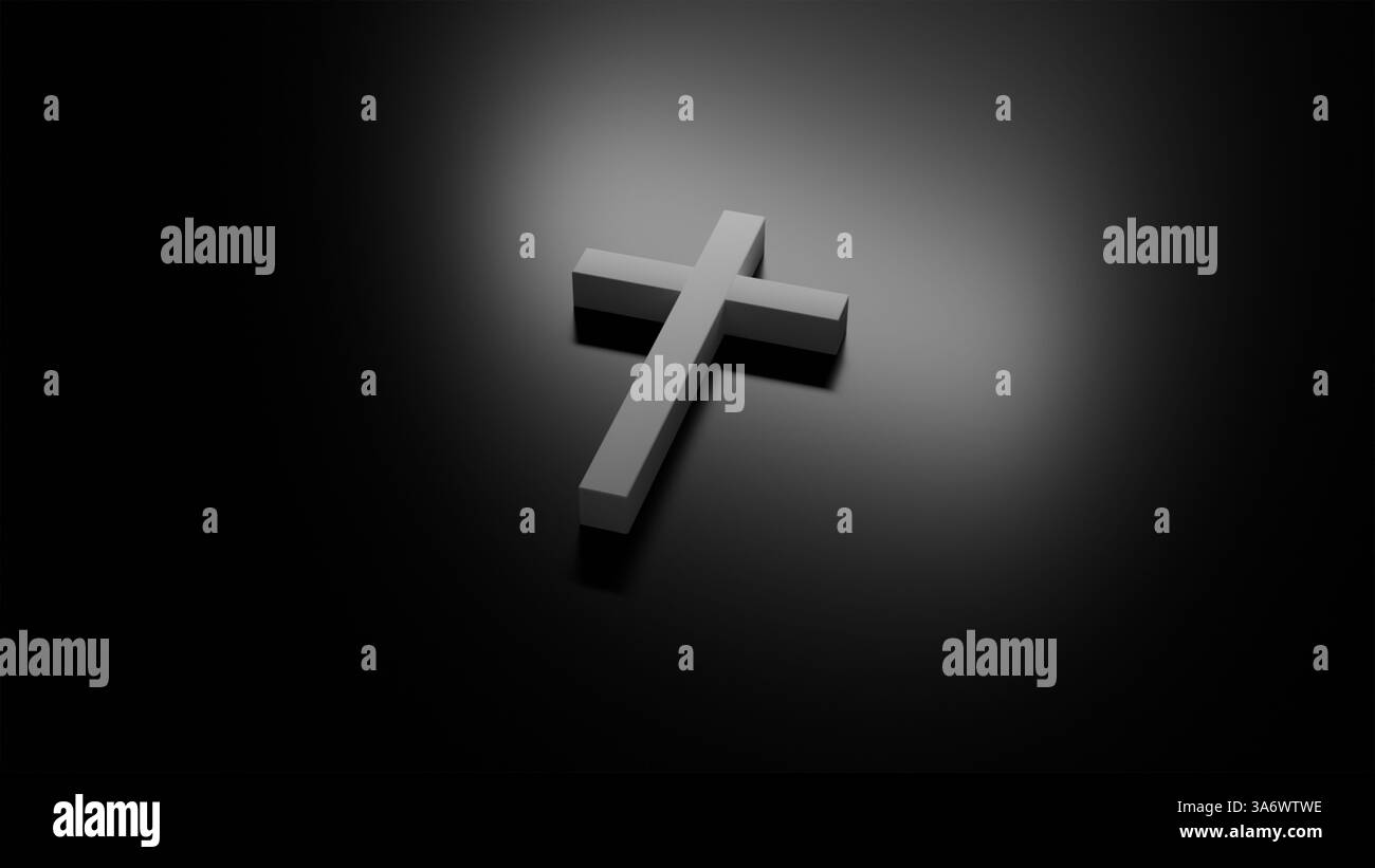 3D model of white cross in the dark with deep shadows, faith and ...