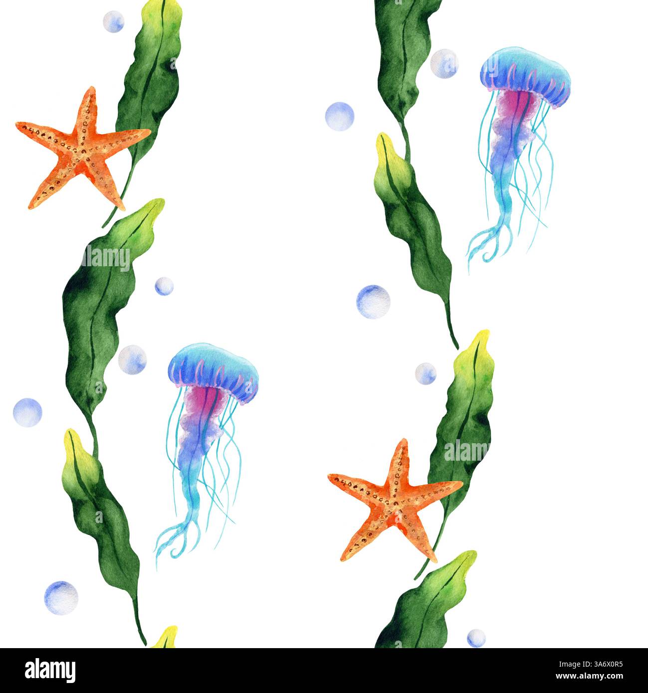 Seamless pattern with jellyfish, starfish, seaweed, watercolor ...