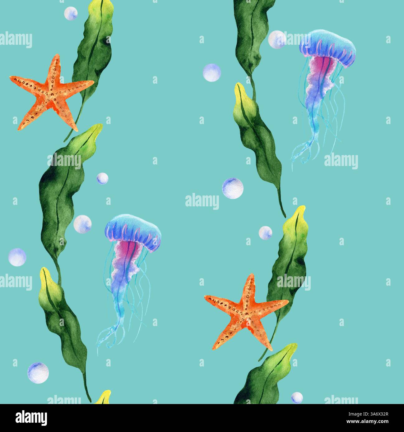 Seamless pattern with jellyfish, starfish, seaweed, watercolor ...