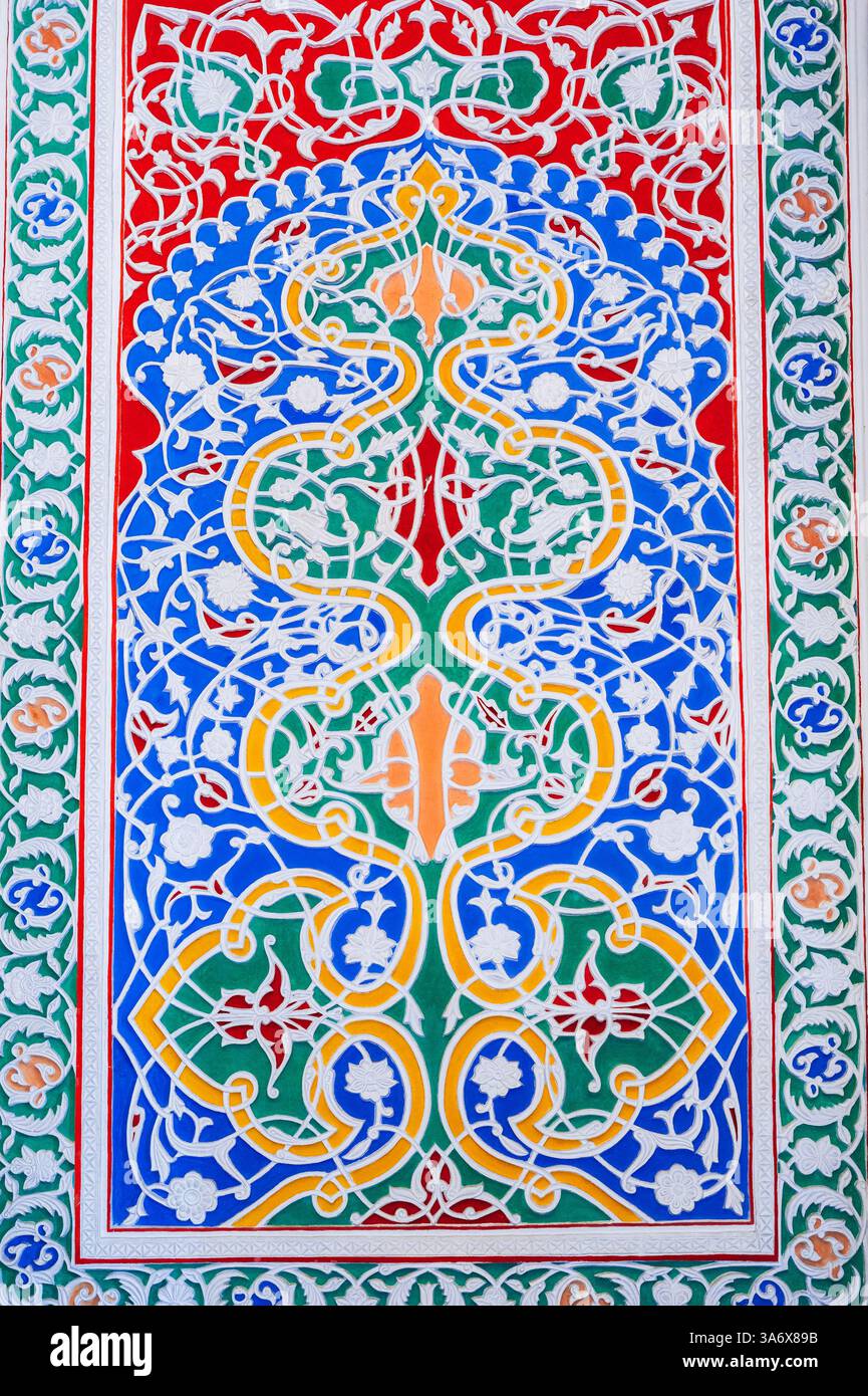 colorful carved wooden painted background with traditional Uzbek ...