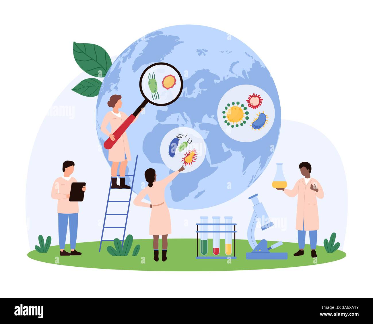 Epidemiology research, global pandemic risk. Tiny people with ...