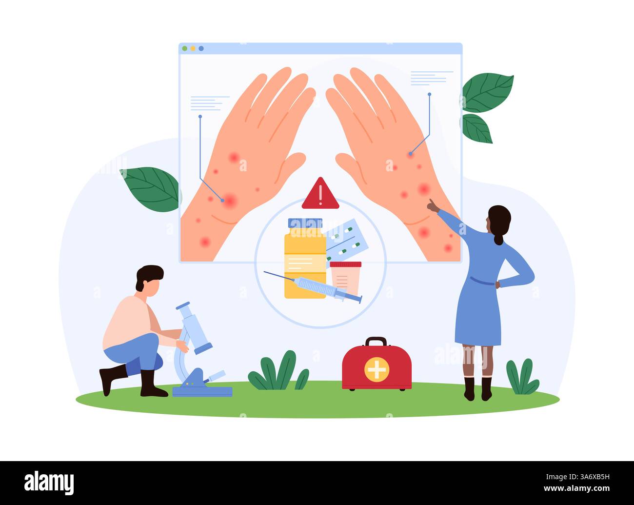 Awareness of drug allergy. Tiny people diagnose symptoms of dermatitis ...