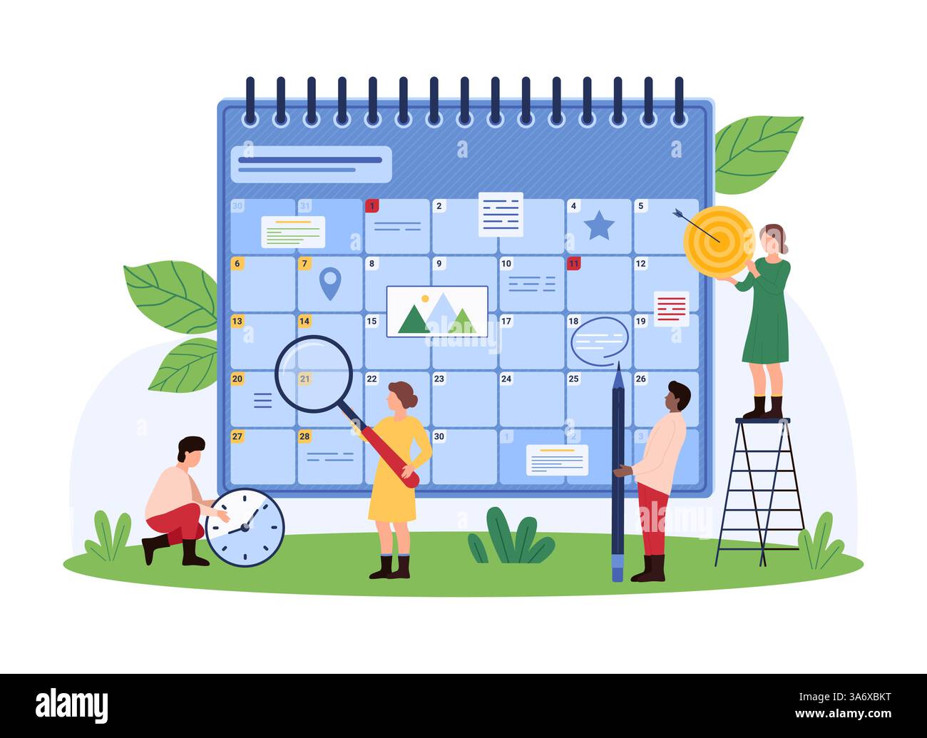 Business planning with calendar. Tiny people mark date of important ...