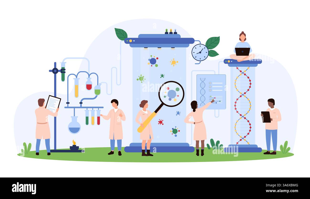 Genetic and chemical research in science laboratory. Tiny people with ...
