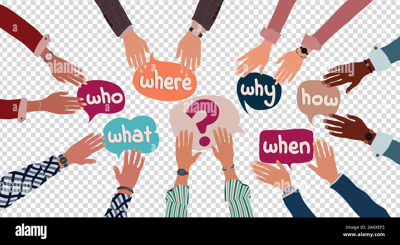 Multicultural people arms holding in hand question marks with Who-what-where-when-why-how text ...
