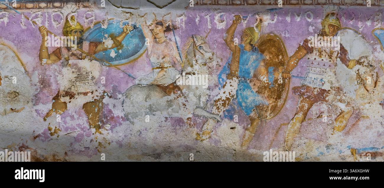 A rare Etruscan full length painted sarcophagus with paintings ...