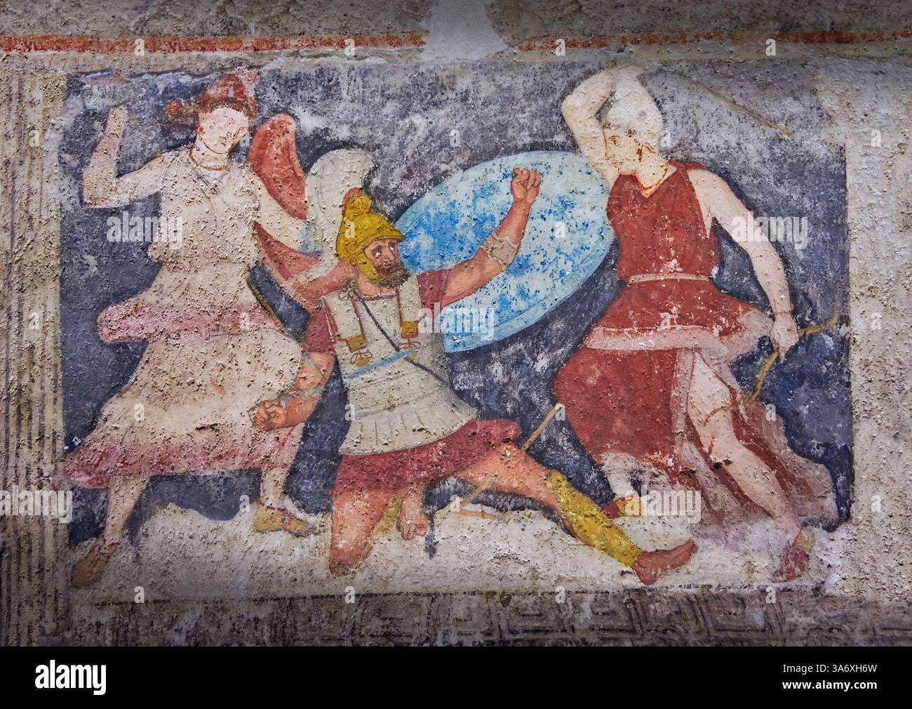 A rare Etruscan full length painted sarcophagus with paintings ...