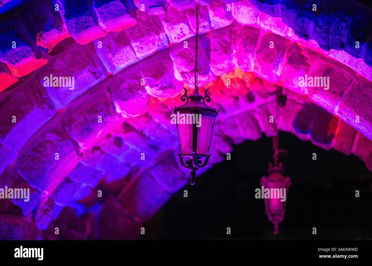 Gate house at Nottingham Castle lit up as part of Light Night 2025, Nottinghamshire England UK ...